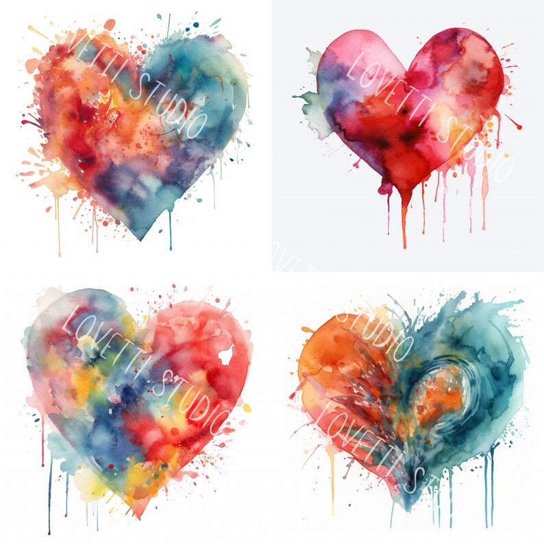 20 Watercolor Hearts PNG Clipart 300 DPI 10x10 Inch Pattern Invitation ...