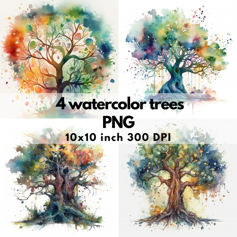 4 Watercolor Trees PNG Clipart 300 DPI 10x10 Inch Pattern Invitation ...