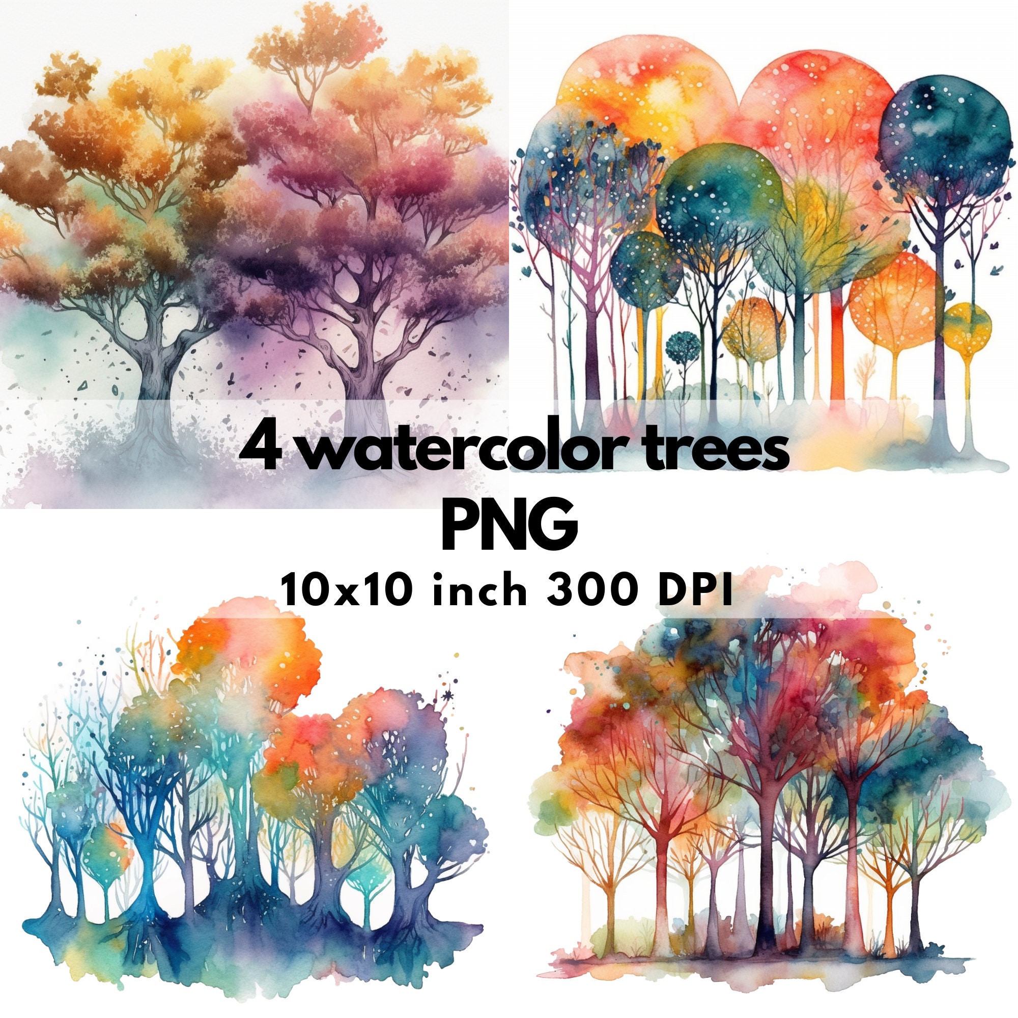 4 Watercolor Trees PNG Clipart 300 DPI 10x10 Inch Pattern Invitation ...