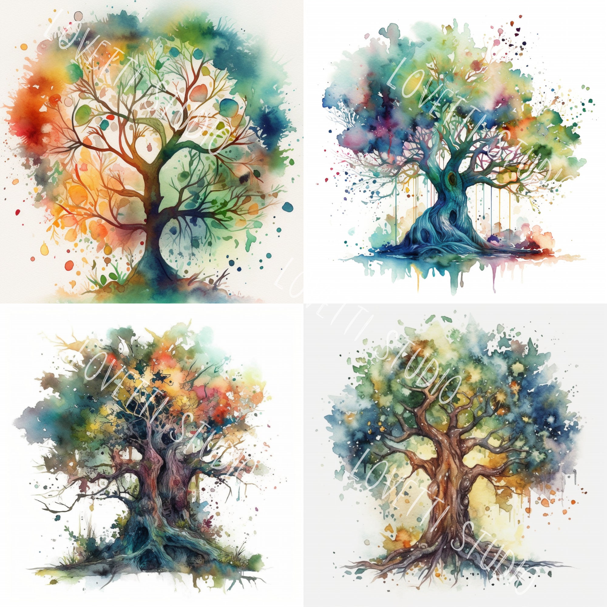 4 Watercolor Trees PNG Clipart 300 DPI 10x10 Inch Pattern Invitation ...