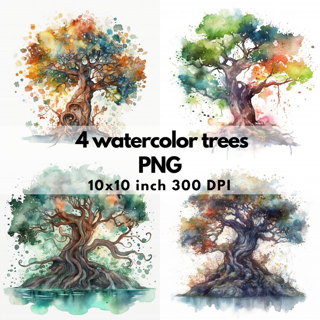 4 Watercolor Trees PNG Clipart 300 DPI 10x10 Inch Pattern Invitation ...