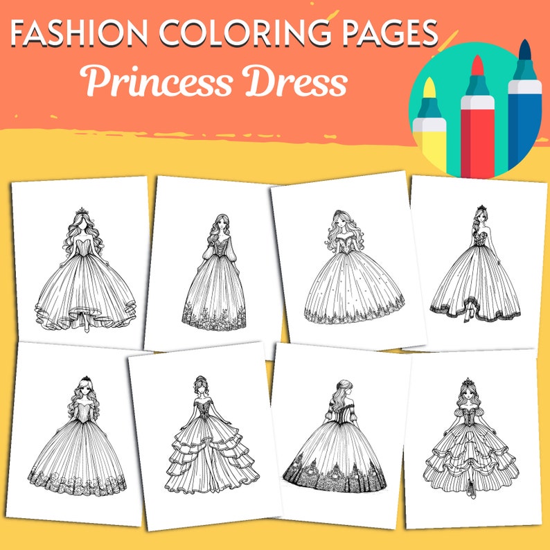 Princess Dress Coloring Pages, 10 Fashion Coloring Pages, Printable ...