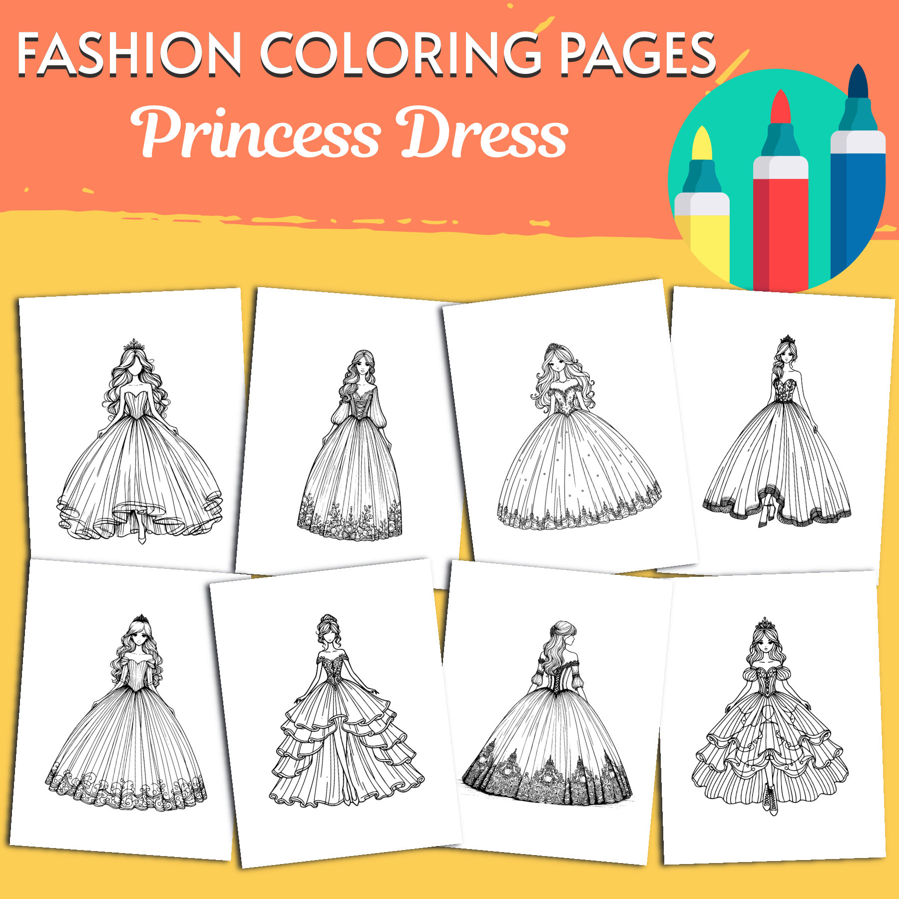 Princess Dress Coloring Pages, 10 Fashion Coloring Pages, Printable ...