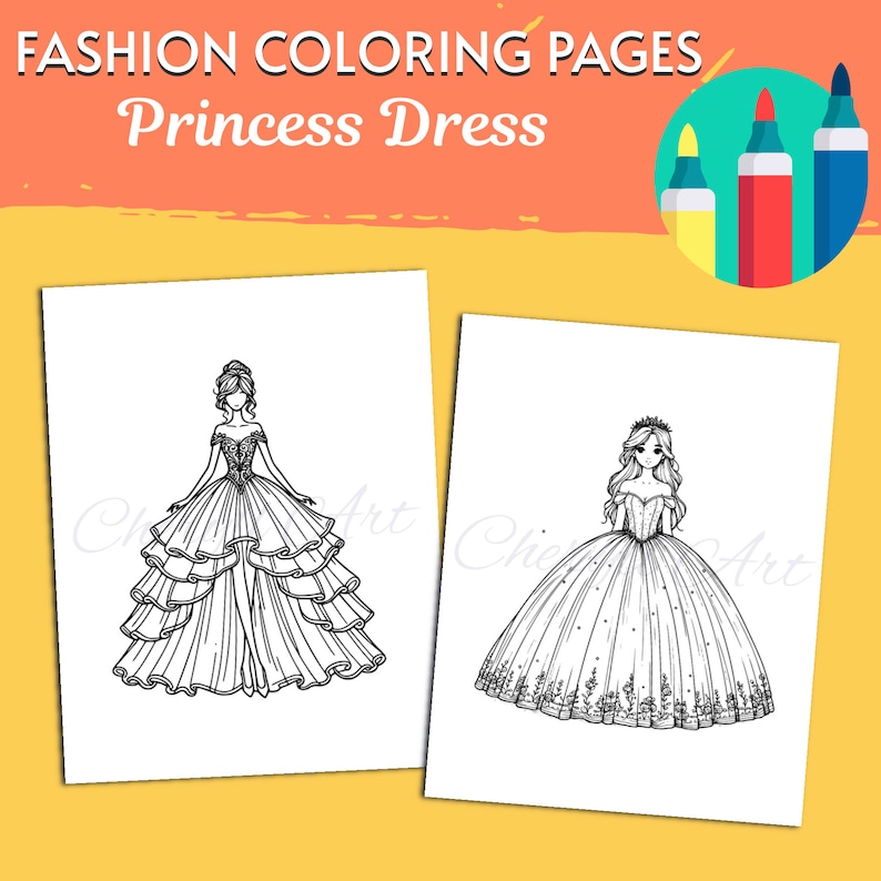 Princess Dress Coloring Pages, 10 Fashion Coloring Pages, Printable ...