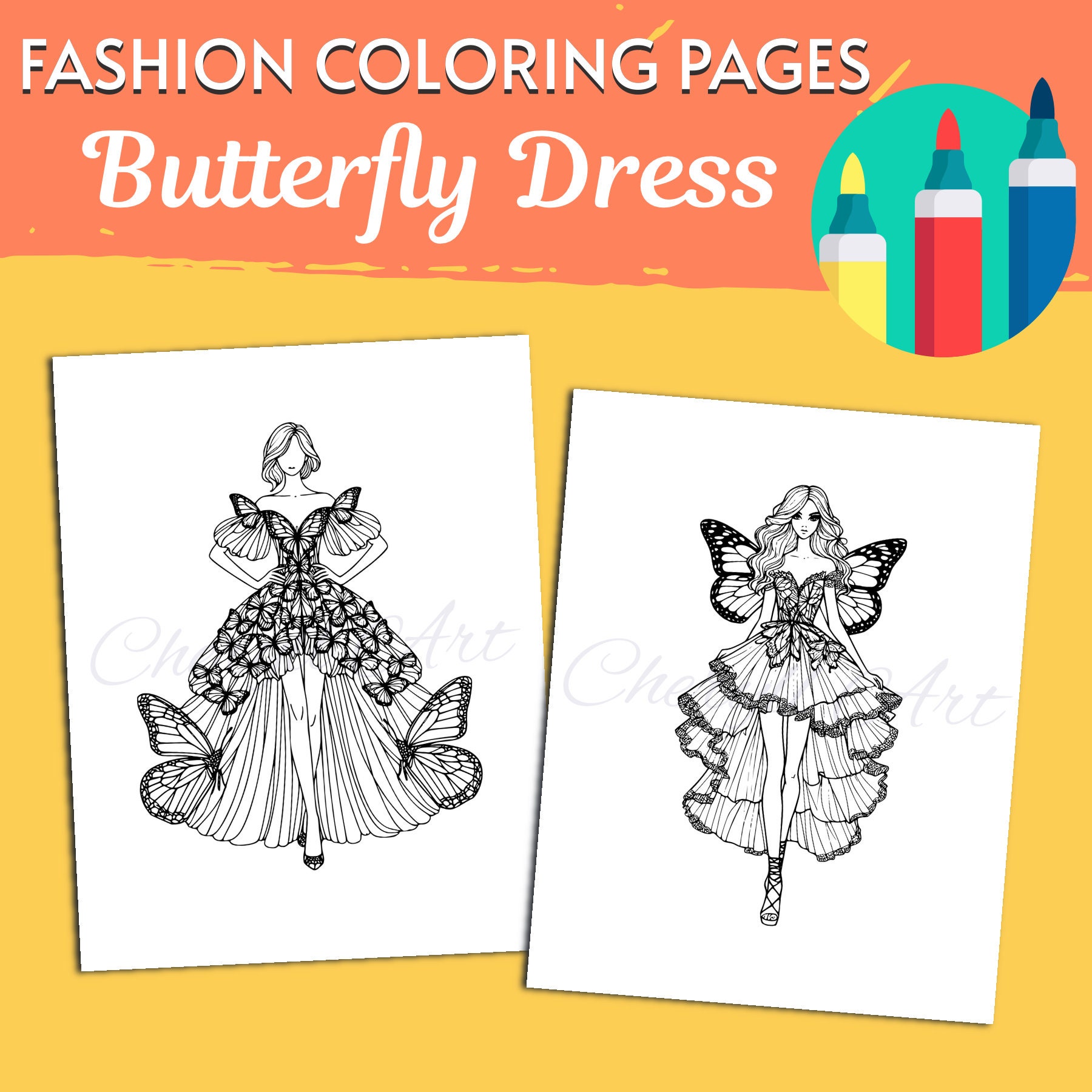 Butterfly Dress Coloring Pages, 10 Fashion Coloring Pages, Printable ...