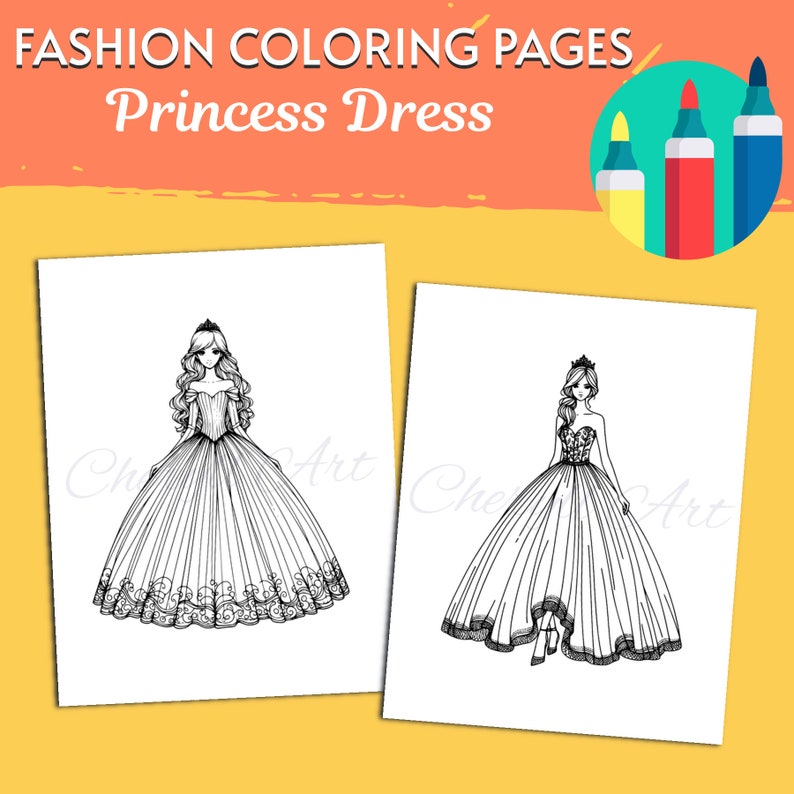 Princess Dress Coloring Pages, 10 Fashion Coloring Pages, Printable ...