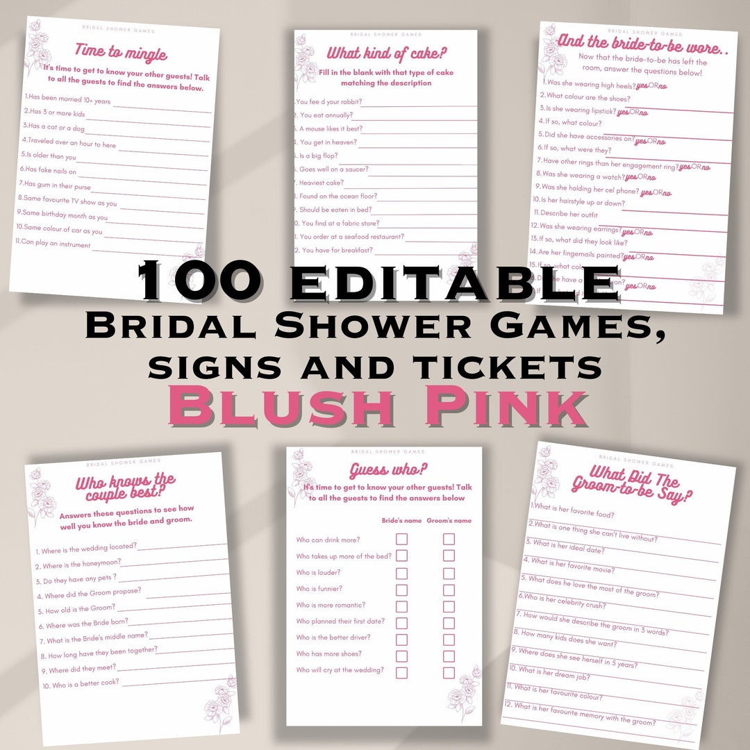 Blush Pink Bridal Shower Games: 100 Editable Signs & Tickets (digital ...