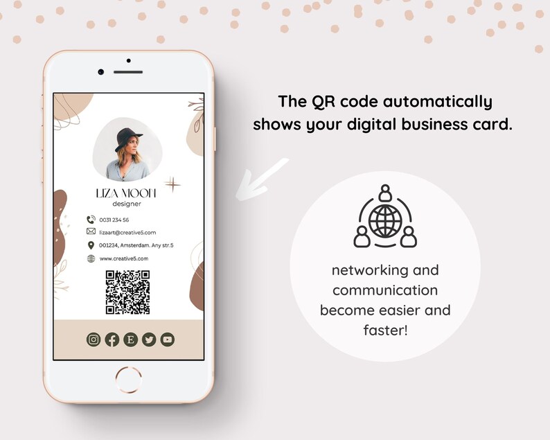 Boho Business Card Canva With QR Code, Digital Template Modern Business ...