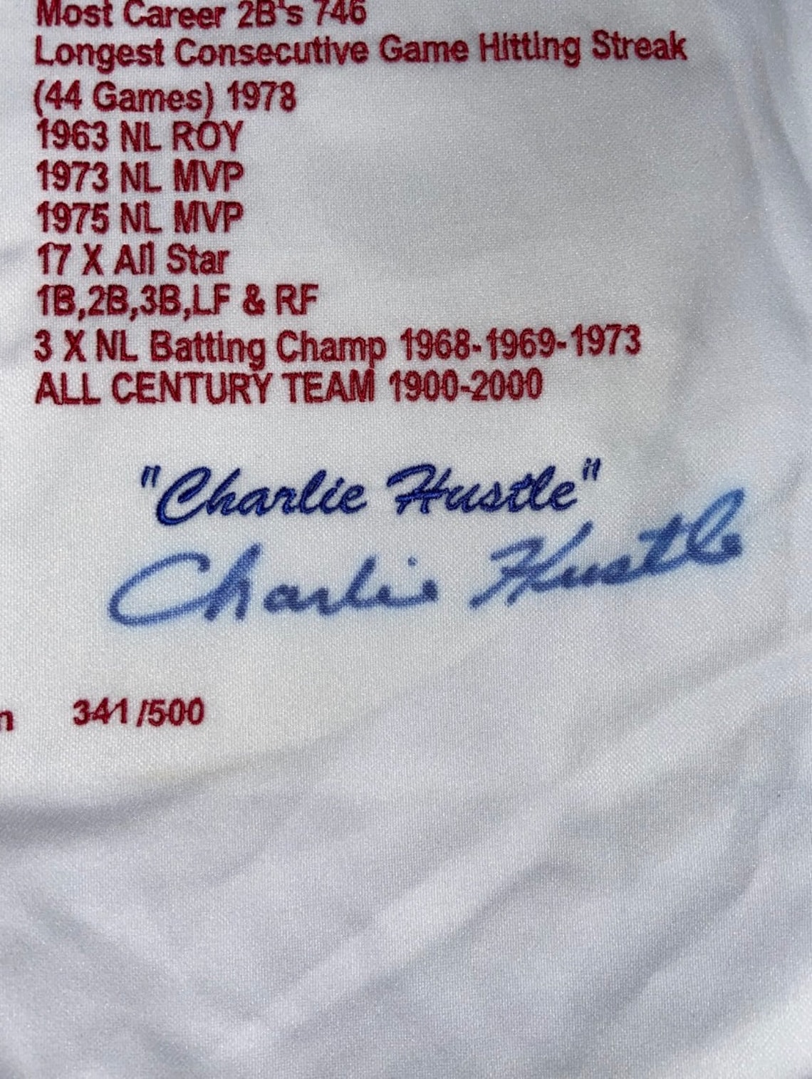 Pete Rose Charlie Hustle Signed Stats Baseball Jersey GA Authentication ...