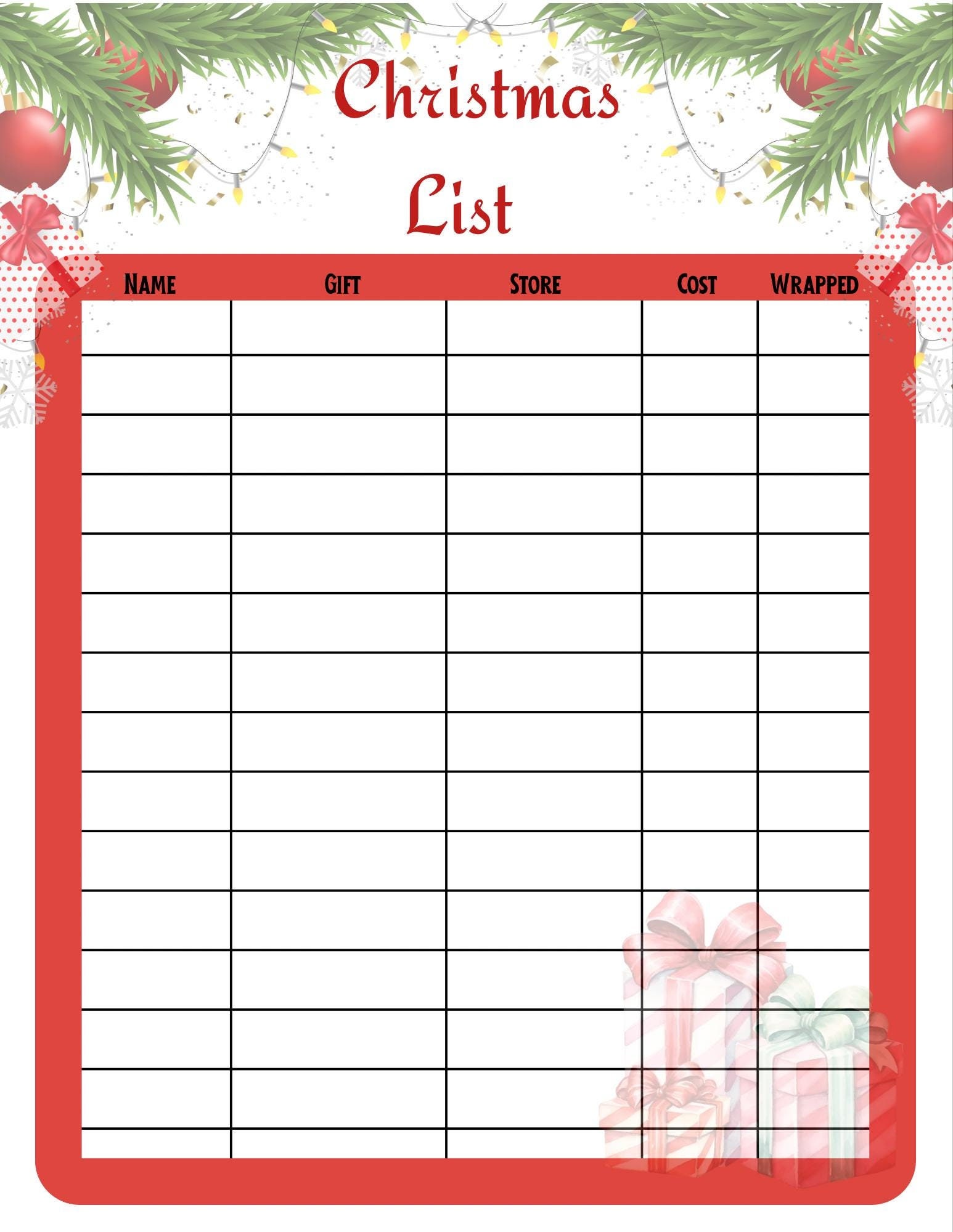 Christmas Gift List Planner (digital Download) - Etsy