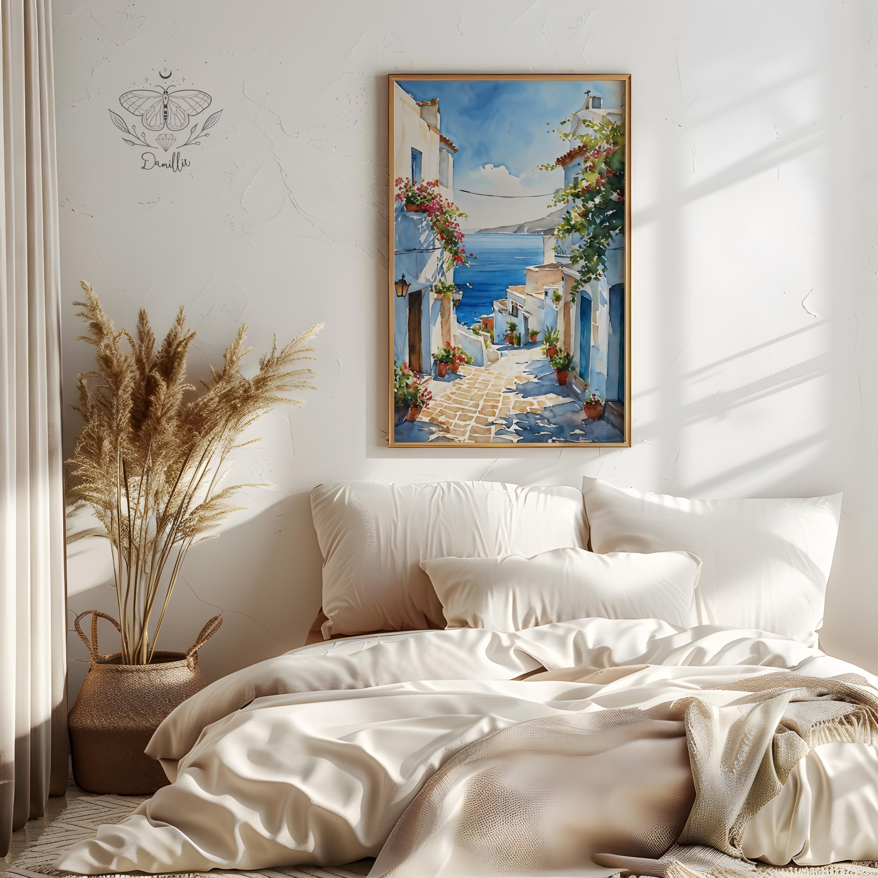 Greek Island Street View Mediterranean Coastal Wall Art Blue Ocean ...