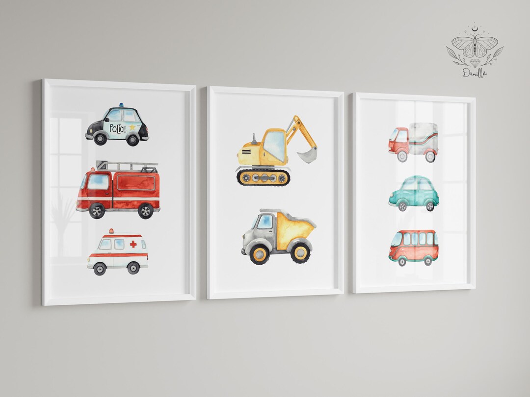 Cars Kids Playroom Wall Art Cars Watercolor Vehicle Wall Art Boy ...