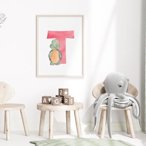 Watercolor Alphabet Letter T Art Turtle Nursery Alphabet Print Playroom ...