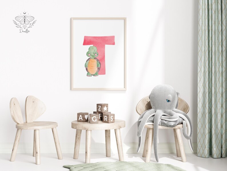 Watercolor Alphabet Letter T Art Turtle Nursery Alphabet Print Playroom ...