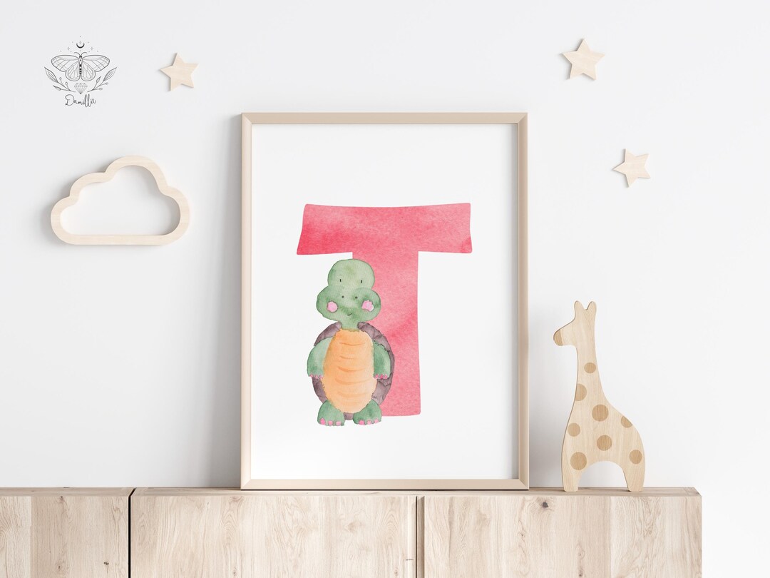 Watercolor Alphabet Letter T Art Turtle Nursery Alphabet Print Playroom ...