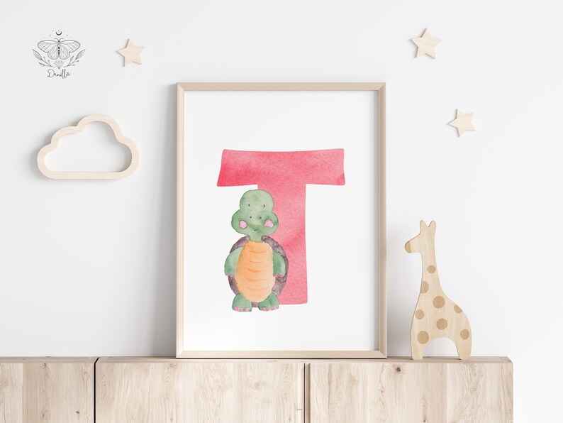 Watercolor Alphabet Letter T Art Turtle Nursery Alphabet Print Playroom ...