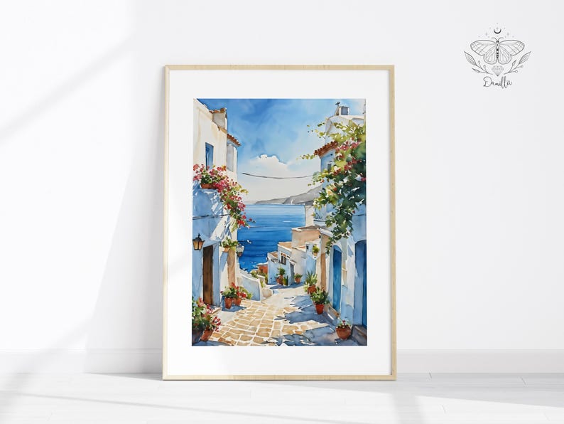 Greek Island Street View Mediterranean Coastal Wall Art Blue Ocean ...