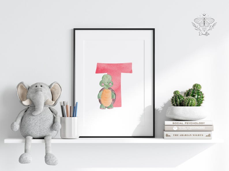 Watercolor Alphabet Letter T Art Turtle Nursery Alphabet Print Playroom ...