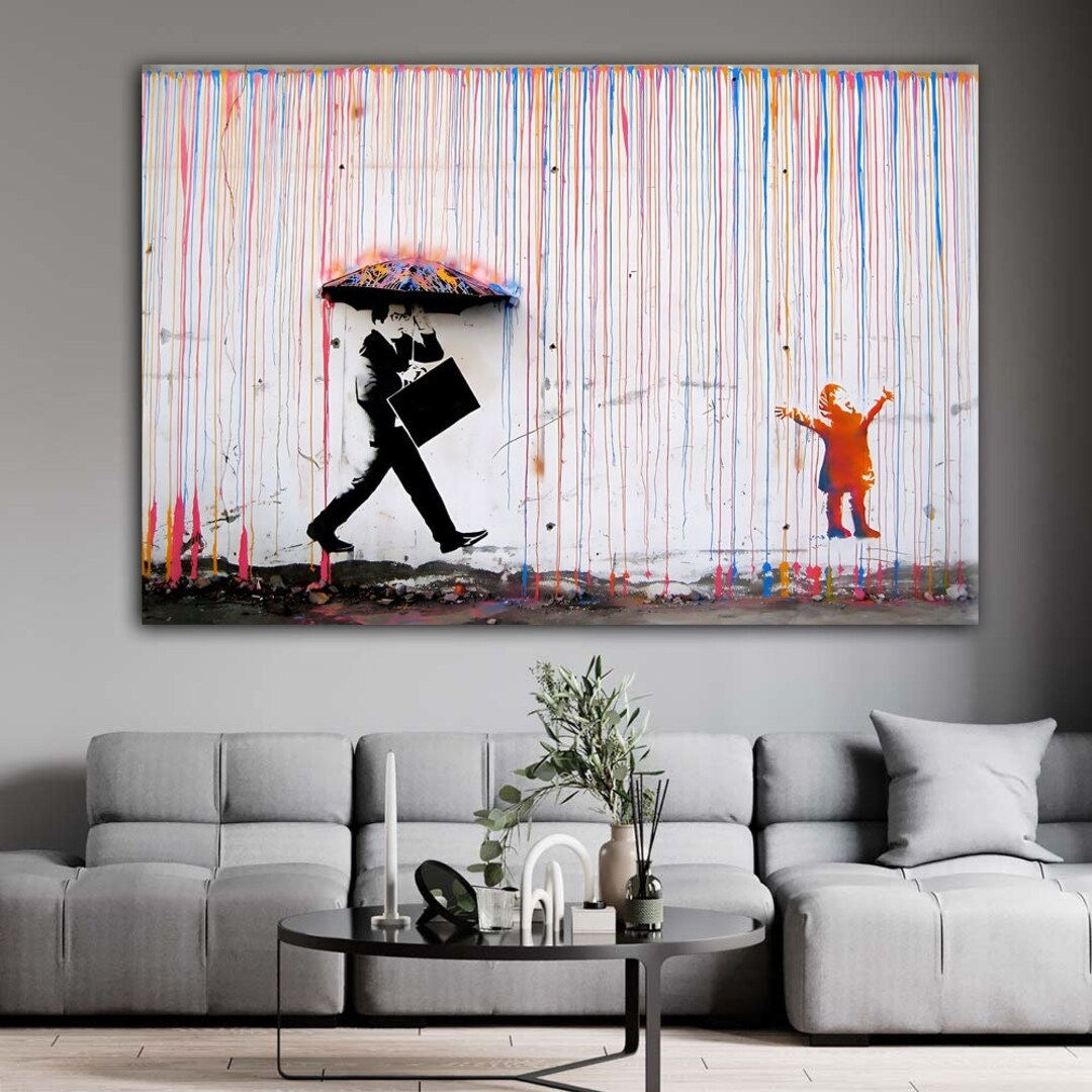 Banksy Color Rain Canvas Banksy Style Under The Rain Banksy Banksy Rain Wall Decor Banksy