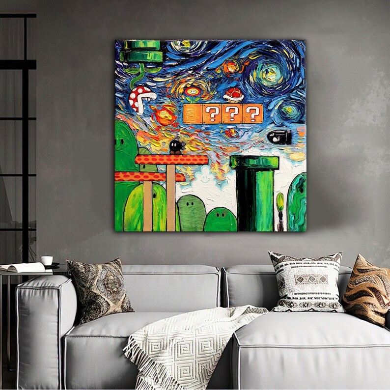 Van Gogh Style Mario Painting, Super Mario Wall Art, Mario World Wall ...