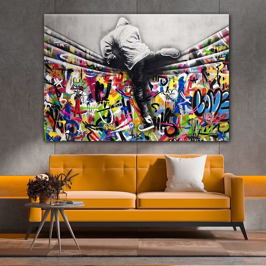 Banksy Canvas, Man Jumping From Colourful Curtain, Street Graffiti ...