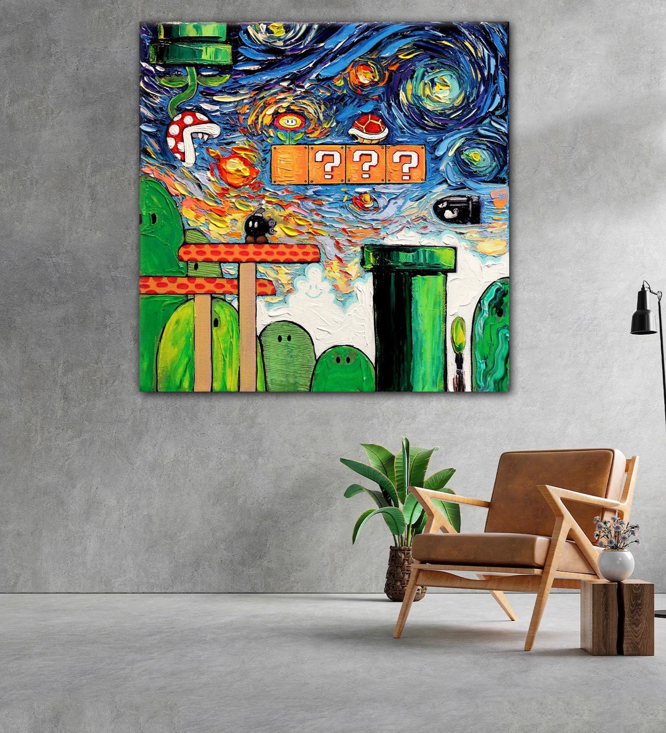 Van Gogh Style Mario Painting, Super Mario Wall Art, Mario World Wall ...