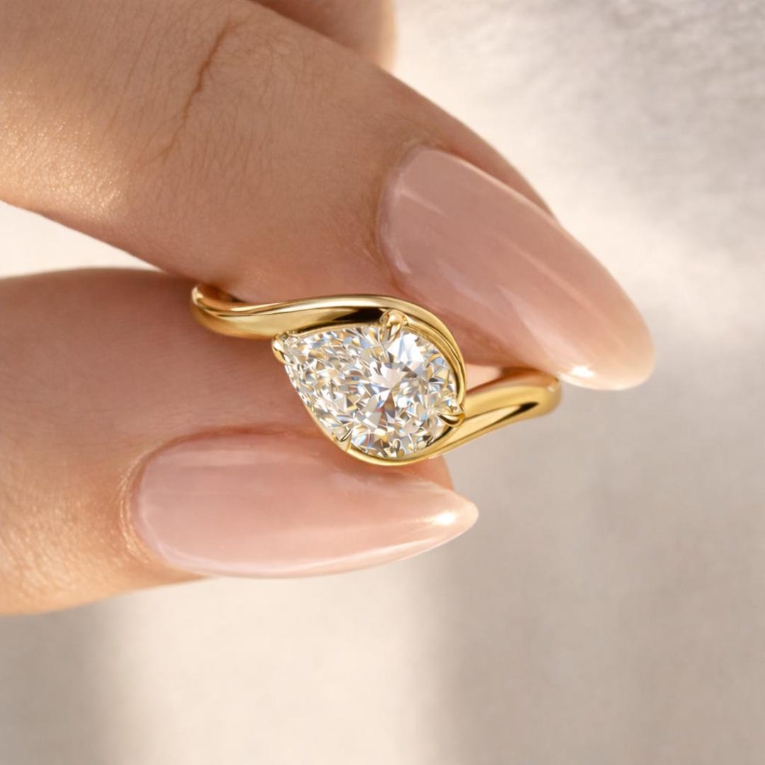 2ct Pear Cut Moissanite Engagement Ring, 14K Yellow Gold Bypass Band ...