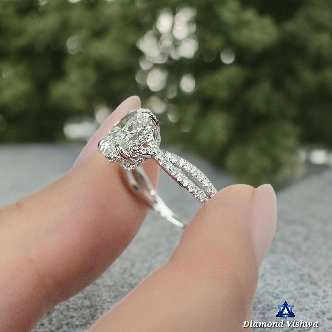 Classic Oval Solitaire Engagement Ring, Twin Row Pave Diamonds, Prong ...