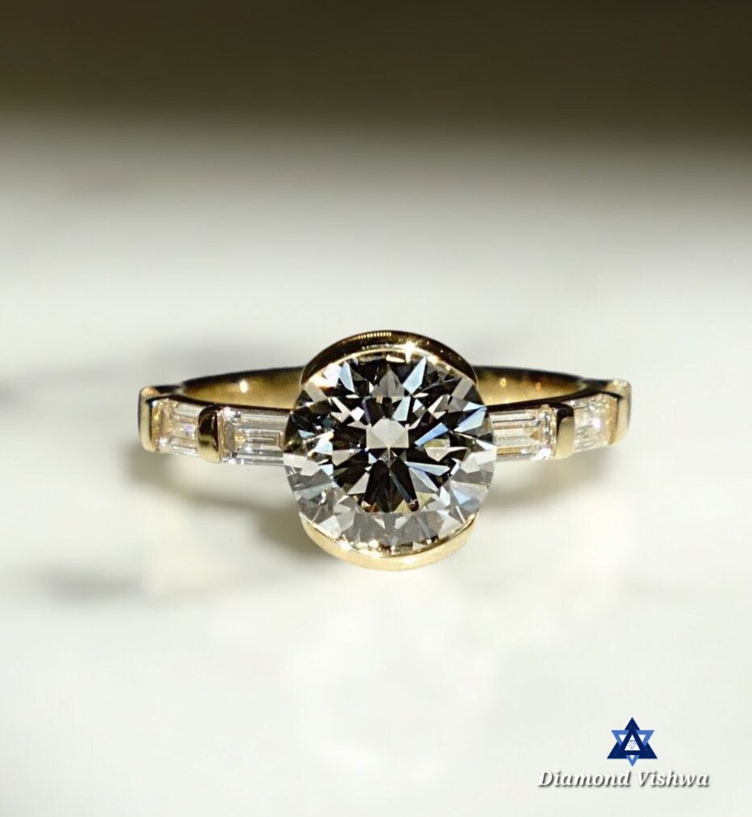Stunning Moissanite Diamond Ring, Half Bezel Round Cut With Baguette ...