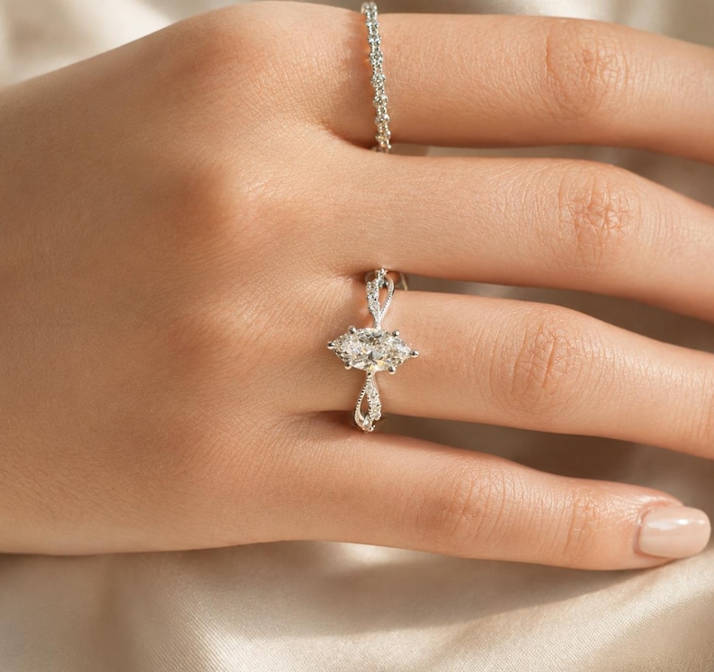 2 CT Marquise Lab Grown Diamond Engagement Ring, Twisted Diamond Band ...