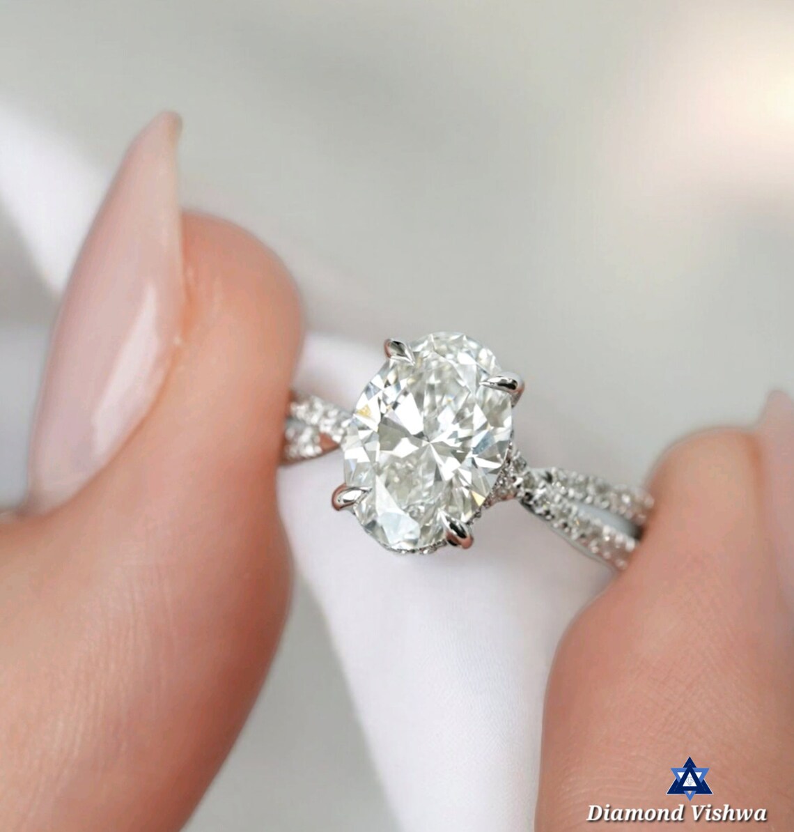 Classic Oval Solitaire Engagement Ring, Twin Row Pave Diamonds, Prong ...