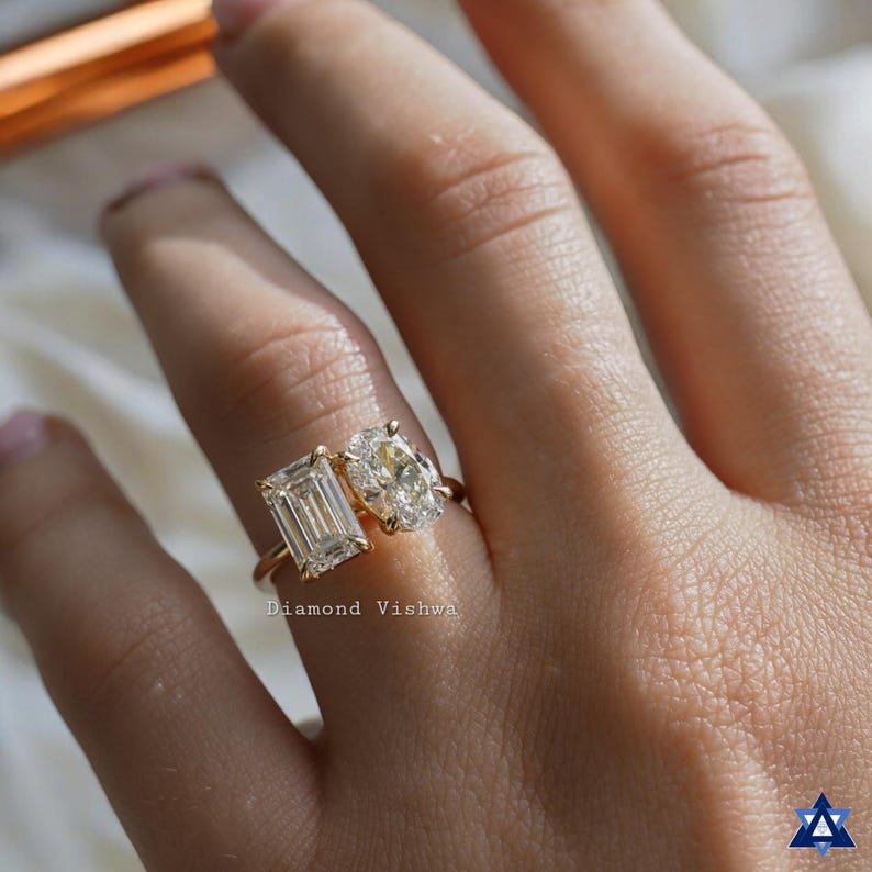 Buy Moissanite Two Stone Ring, Emerald & Oval Cut, 18k Yellow Gold ...