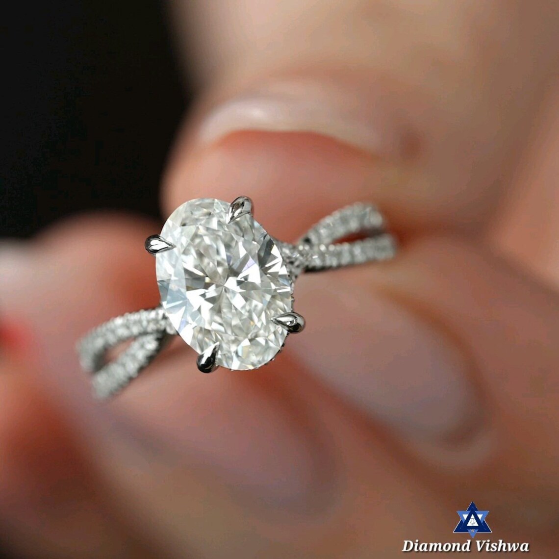Classic Oval Solitaire Engagement Ring, Twin Row Pave Diamonds, Prong ...