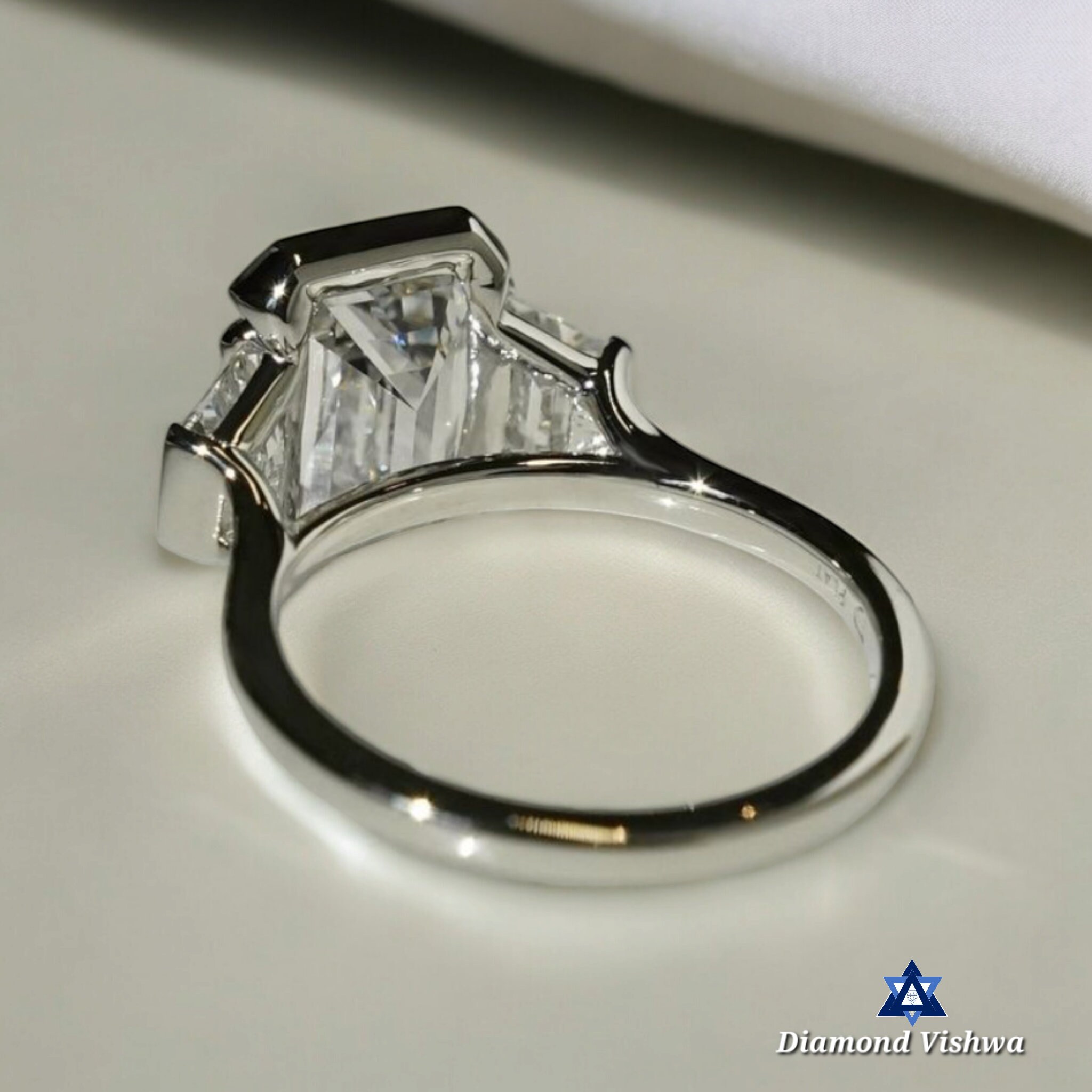 Emerald Cut Moissanite Three Stone Ring, Bezel Set With Trapezoid Diamonds,elegant Engagement ...