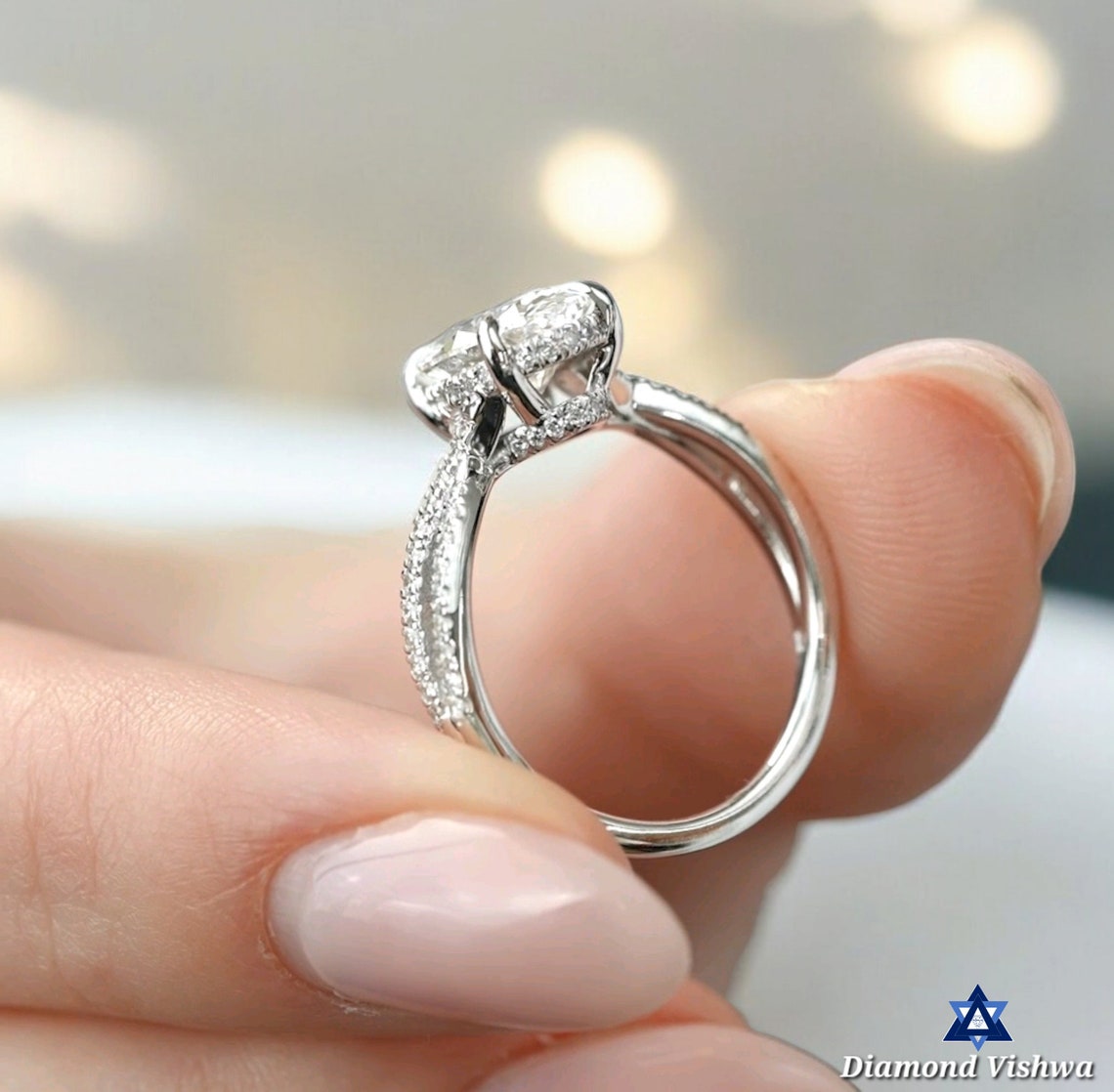 Classic Oval Solitaire Engagement Ring, Twin Row Pave Diamonds, Prong ...
