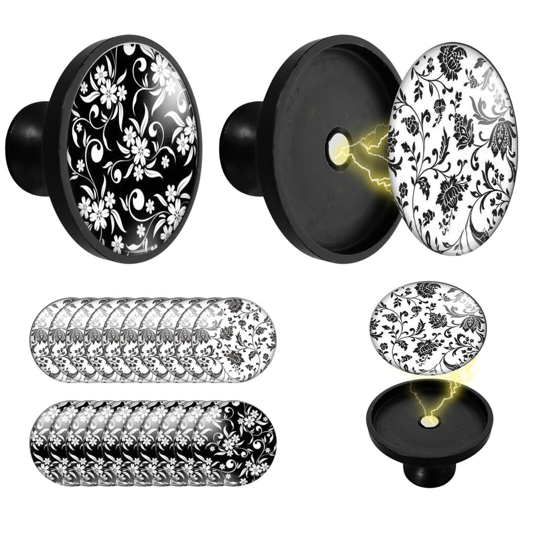 10 DIY Black Cabinet Magnetic Knob Bases, 20 Black and White Flower ...