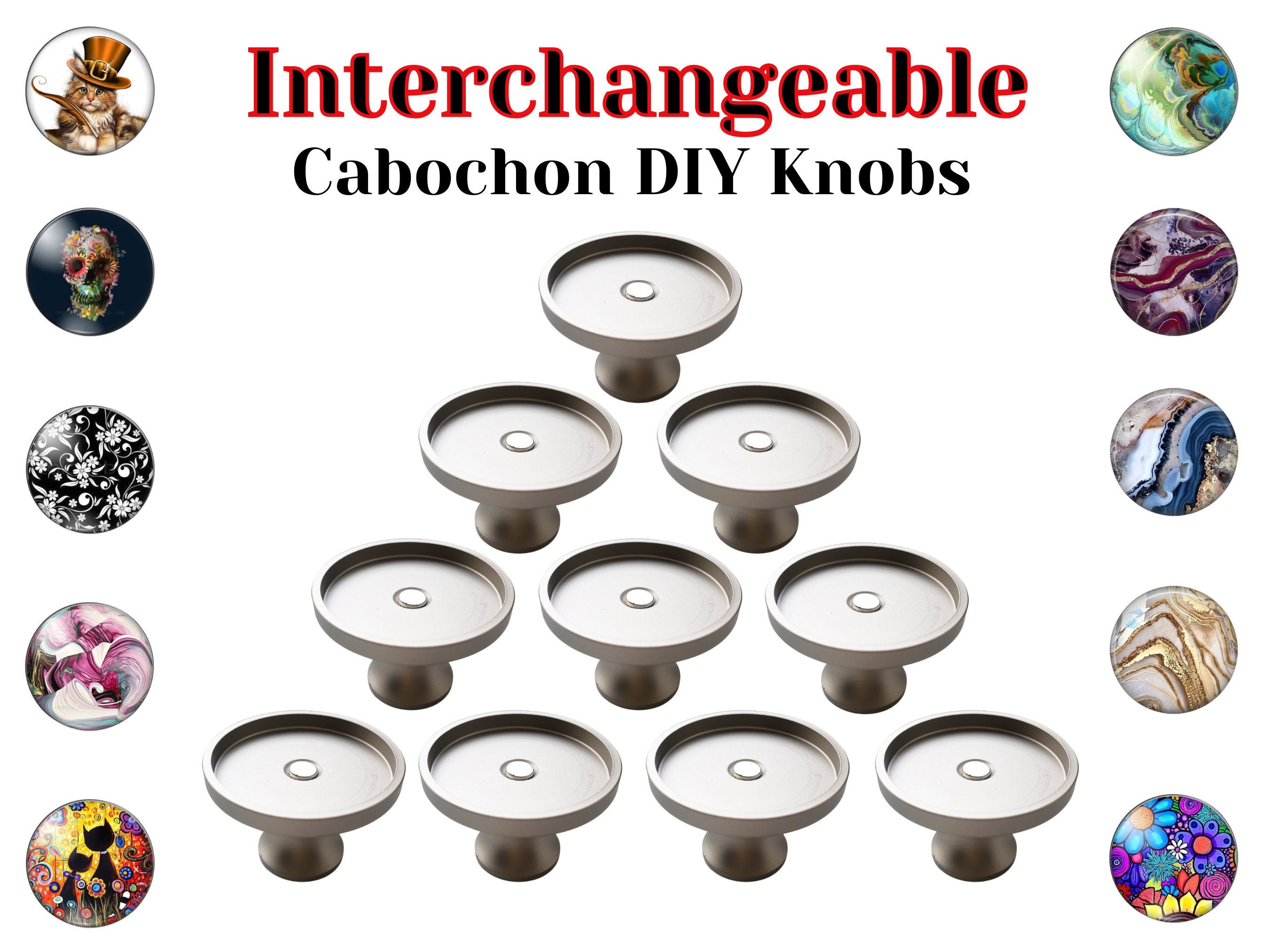 10 DIY Brushed Silver Magnetic Cabinet Knob Bases for Interchangeable 30mm Cabochons (sold ...