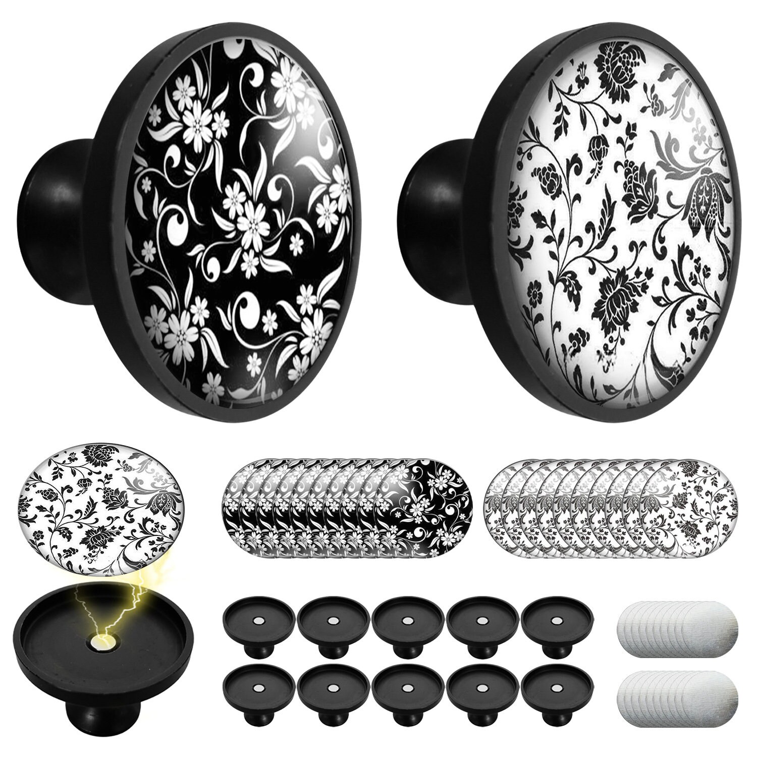 10 DIY Black Cabinet Magnetic Knob Bases, 20 Black and White Flower Interchangeable Cabochon ...