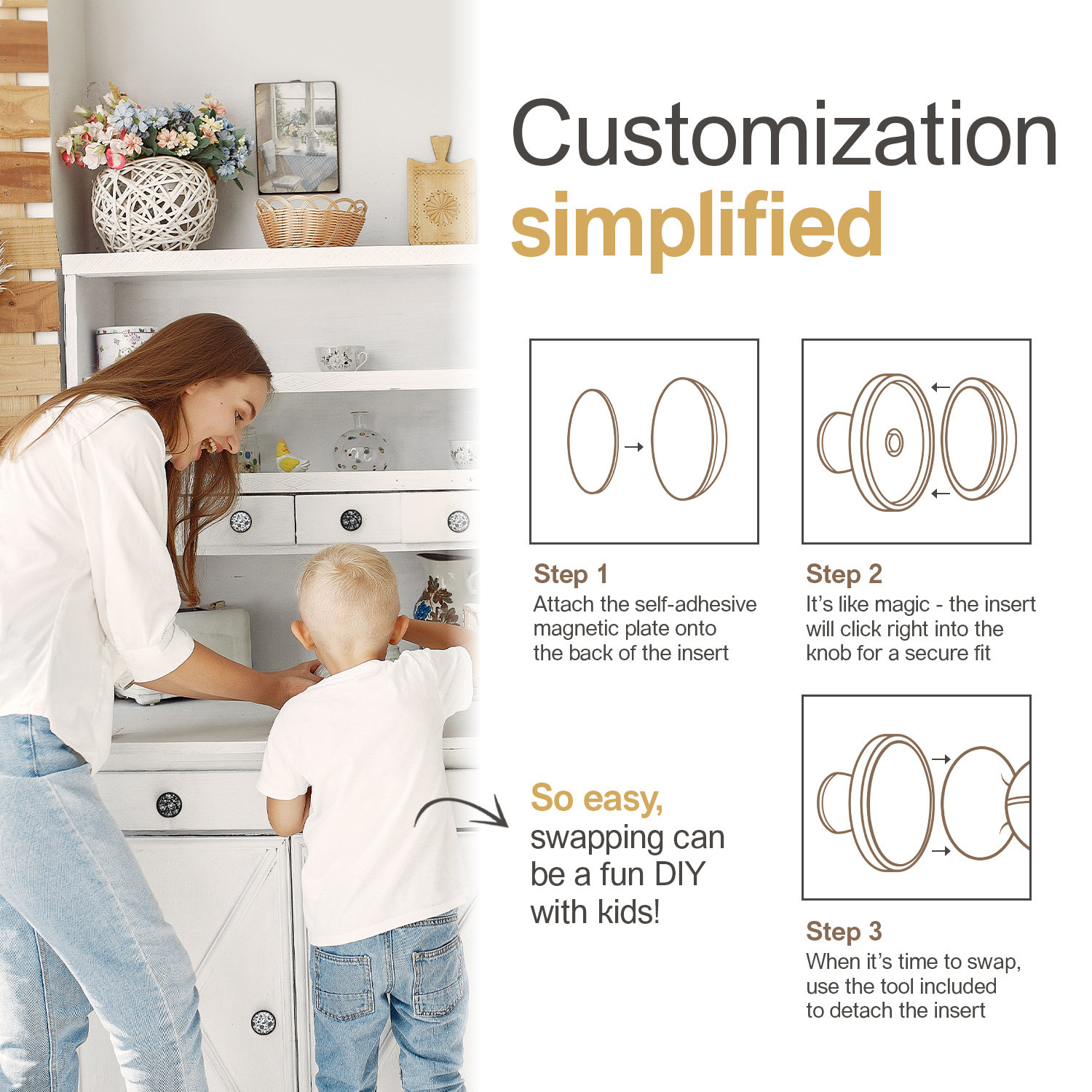 10 DIY Black Cabinet Magnetic Knob Bases, 20 Black and White Flower ...