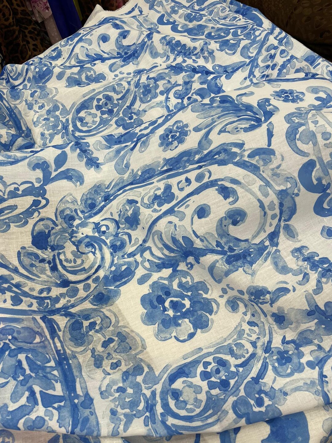 Paisley Patterned Linen Fabric in the Most Beautiful Shade of Blue Also ...