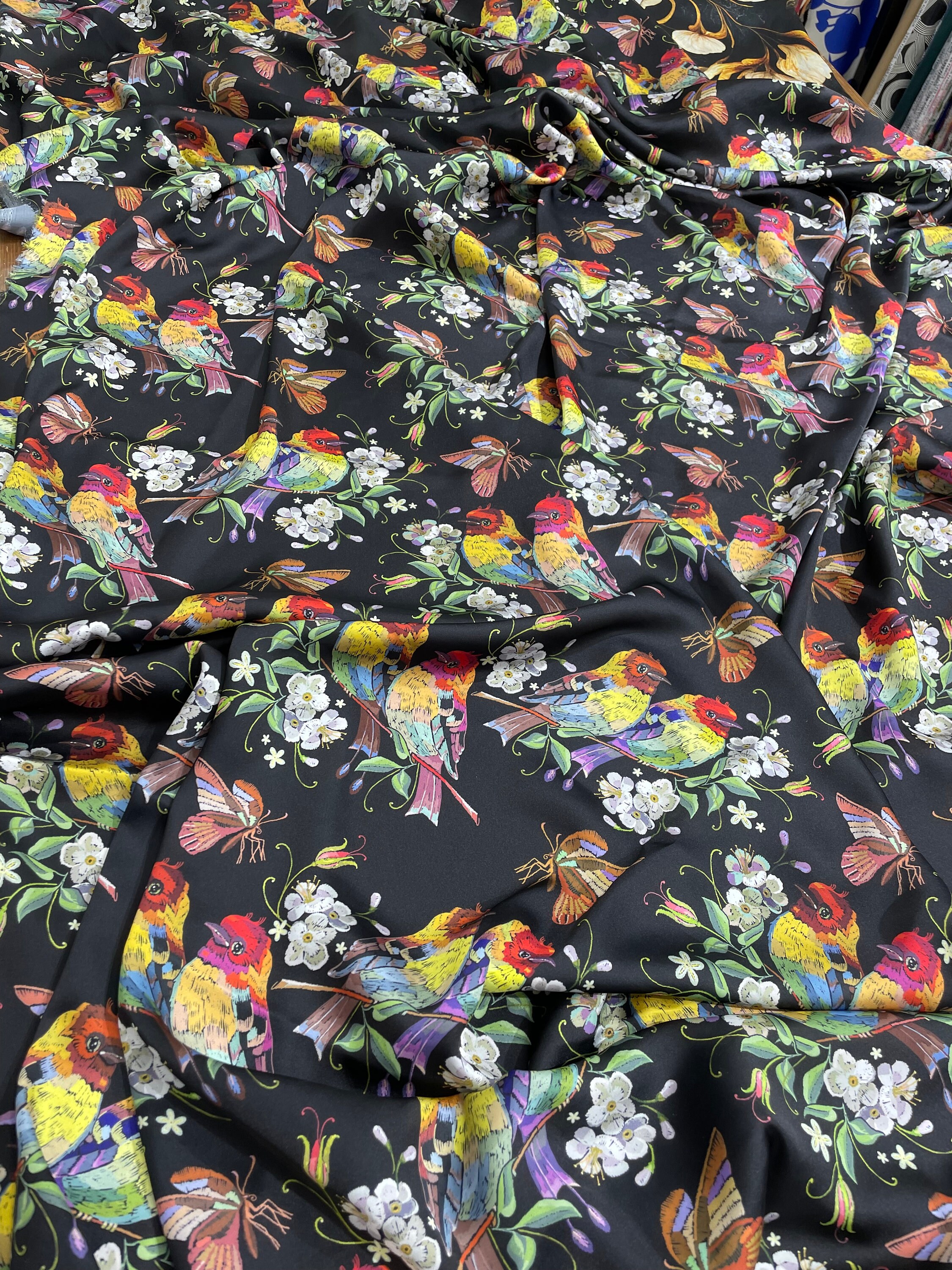 Butterfly-bird Flower Patten Silky Satin Fabric-highquality Fabric ...