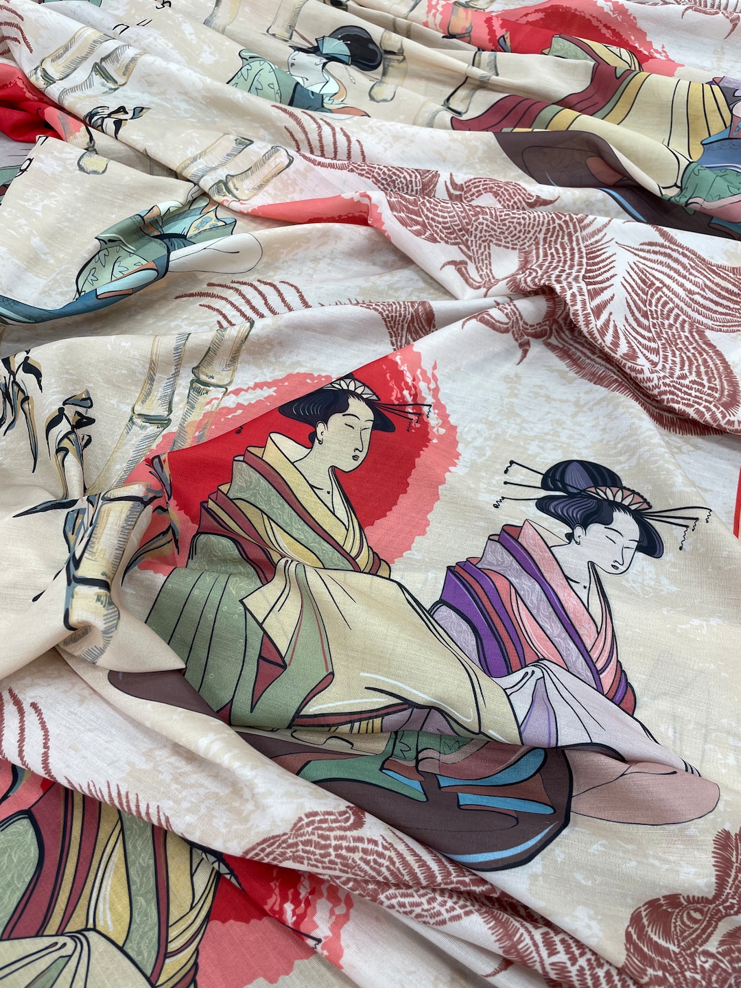 Japanese Geisha Print Linen Fabric: Asian Art Style, DIY Sewing ...