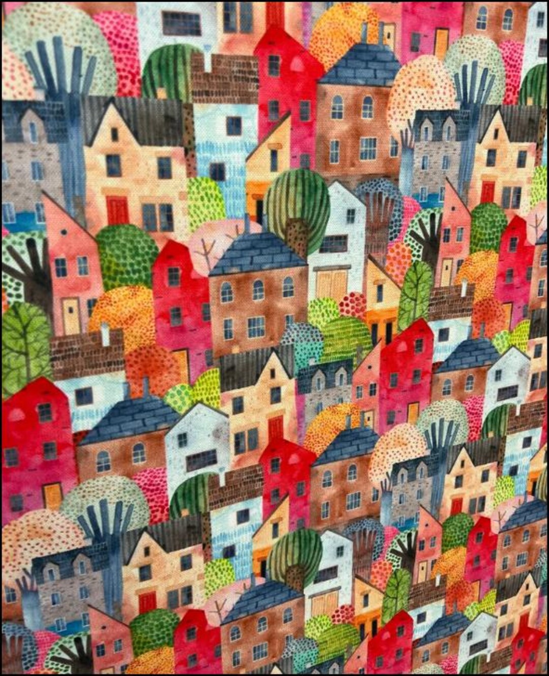 Colorful Houses Linen Fabric, Designer Print Fabric by the Yard - Etsy
