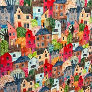 Colorful Houses Linen Fabric, Designer Print Fabric by the Yard - Etsy