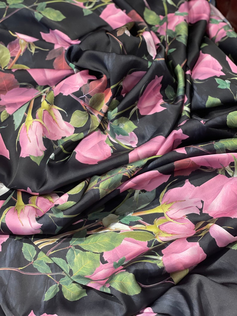 Pink Rose Silky Satin Fabric-high Quality Digital Print Pattern ...