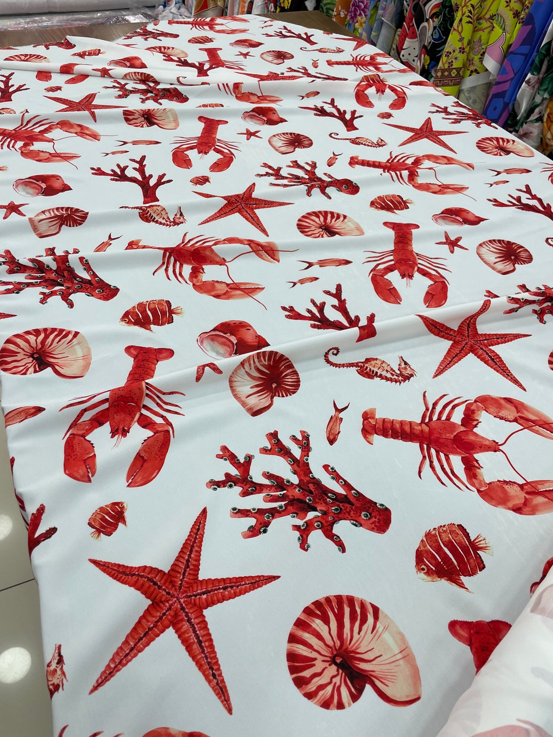 Georgette Crepe Fabric - Starfish - Crab - Sea Horse -coral Pattern ...