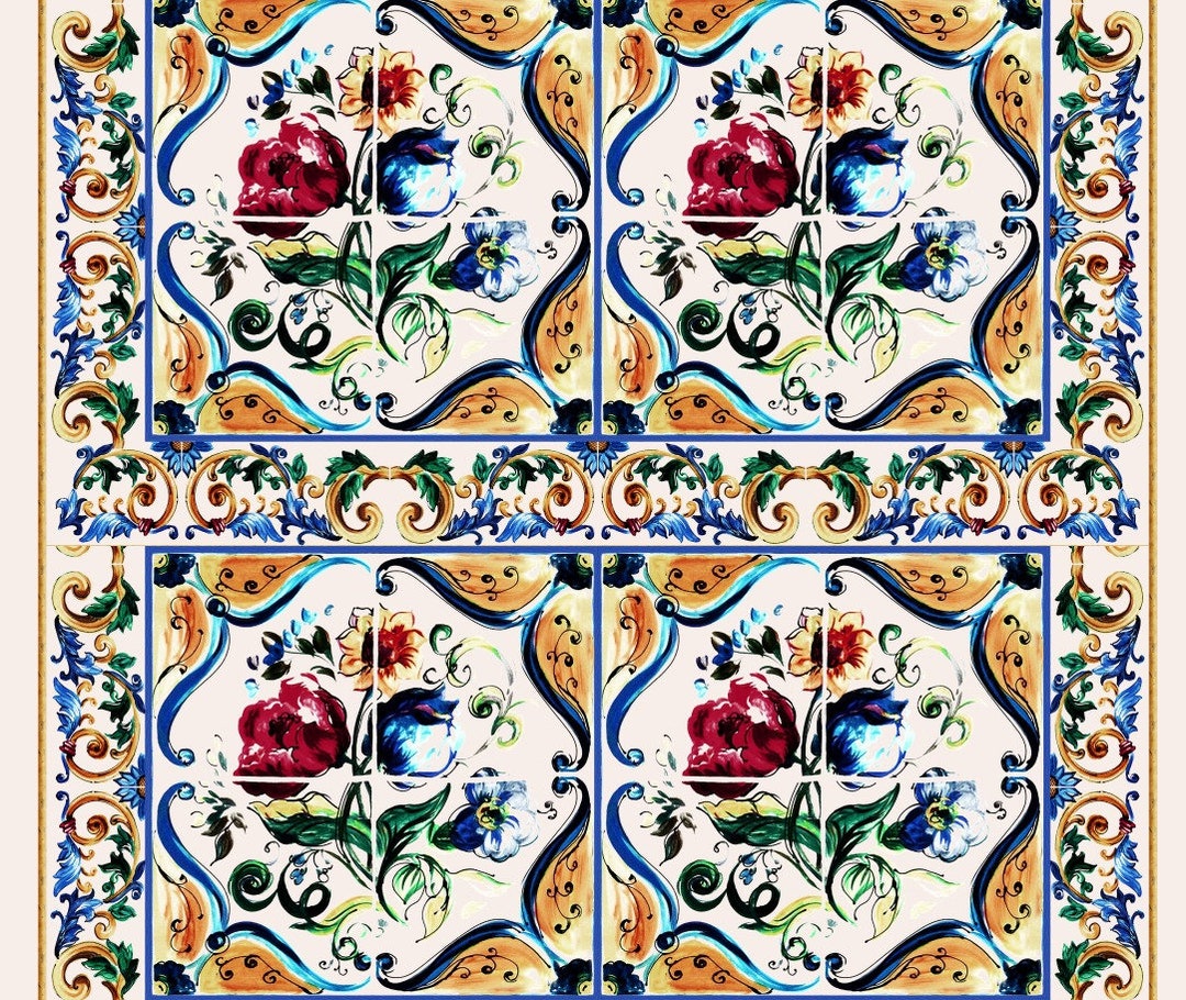 Majolica Sicilian Pattern Linen Fabric- Highquality Fabric ...
