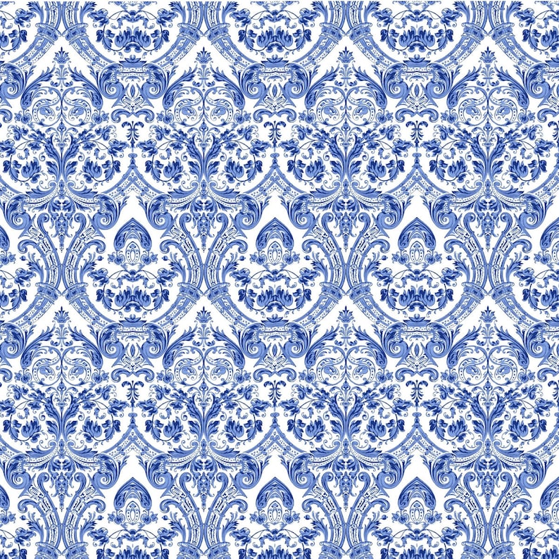 Blue Tile Crepe Fabric: Abstract Floral Design - Etsy