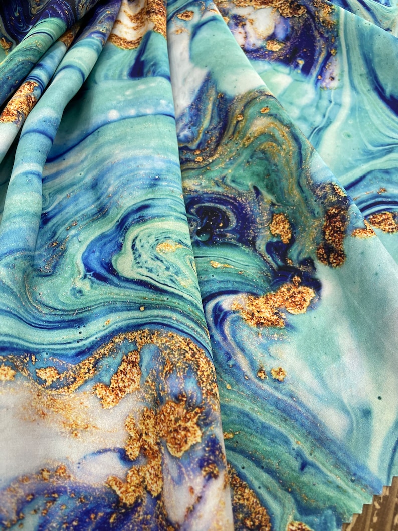 Golden Marble Silky Satin Fabric: Blue & Gold Dress Material - Etsy