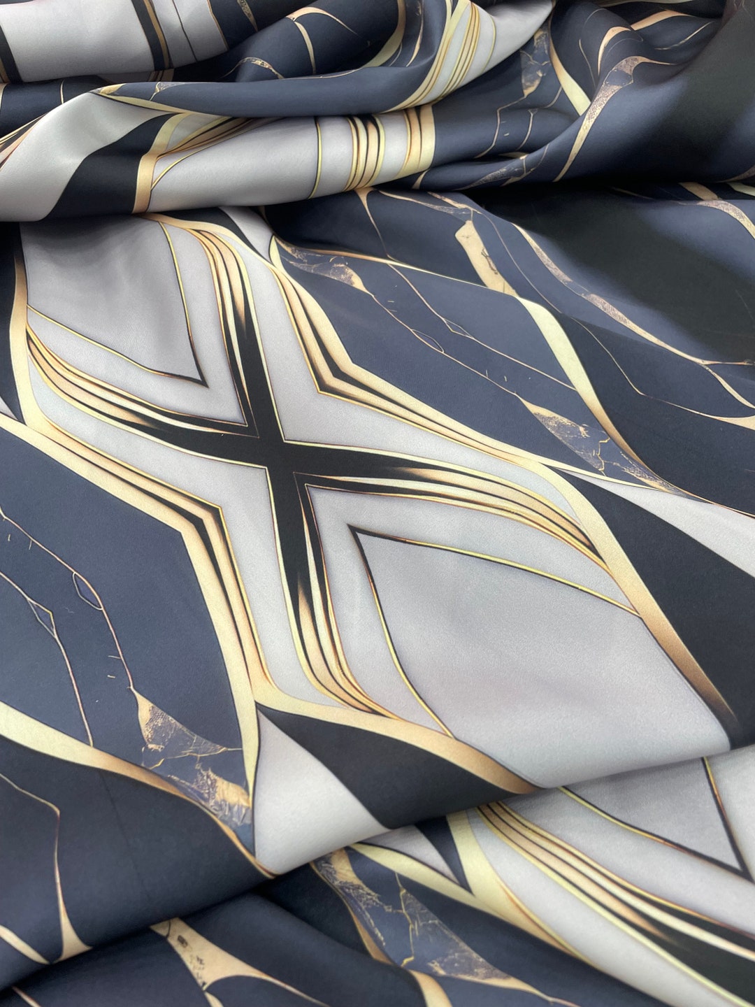 Golden Marble Silky Satin Fabric: Black & Gold Dress Material - Etsy